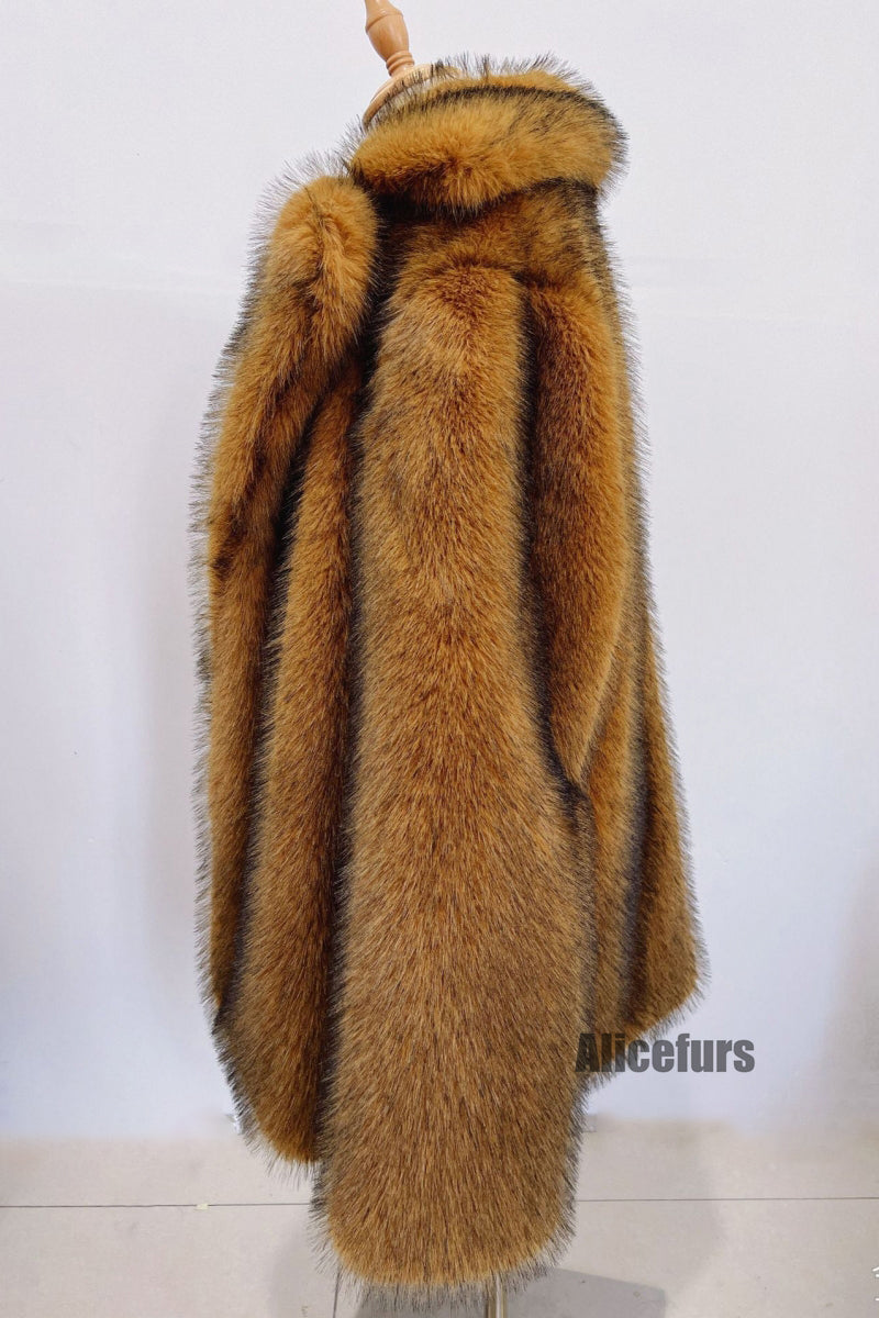 Oversized Faux Fur Coat Fluffy Mid Length Overcoat for Women – Alicefurs